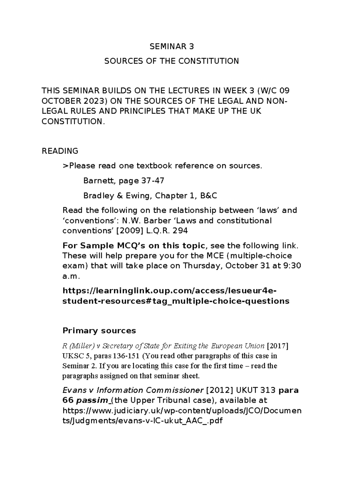 SEMINAR 3: SOURCES OF THE UK CONSTITUTION (WEEK 3) - Studocu