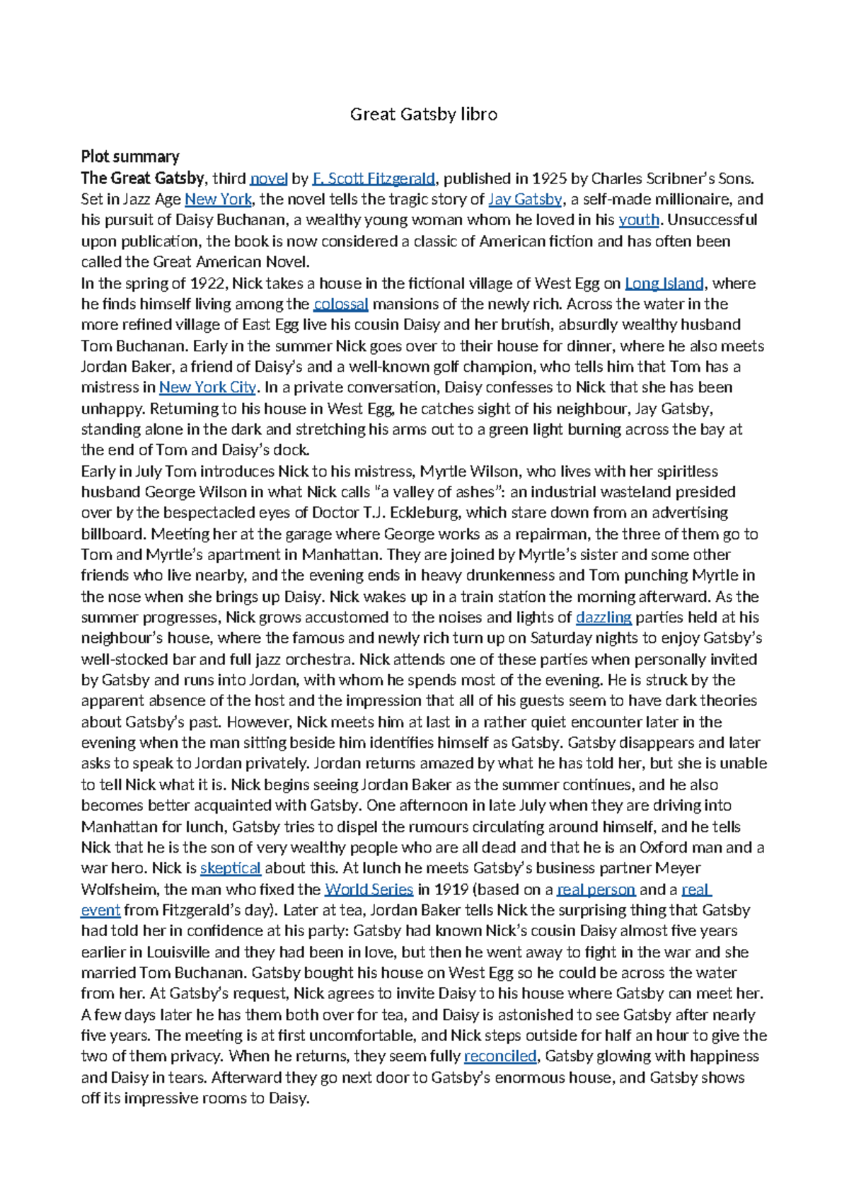 The Great Gatsby (ENG 101) - Comprehensive Plot Summary and Analysis ...