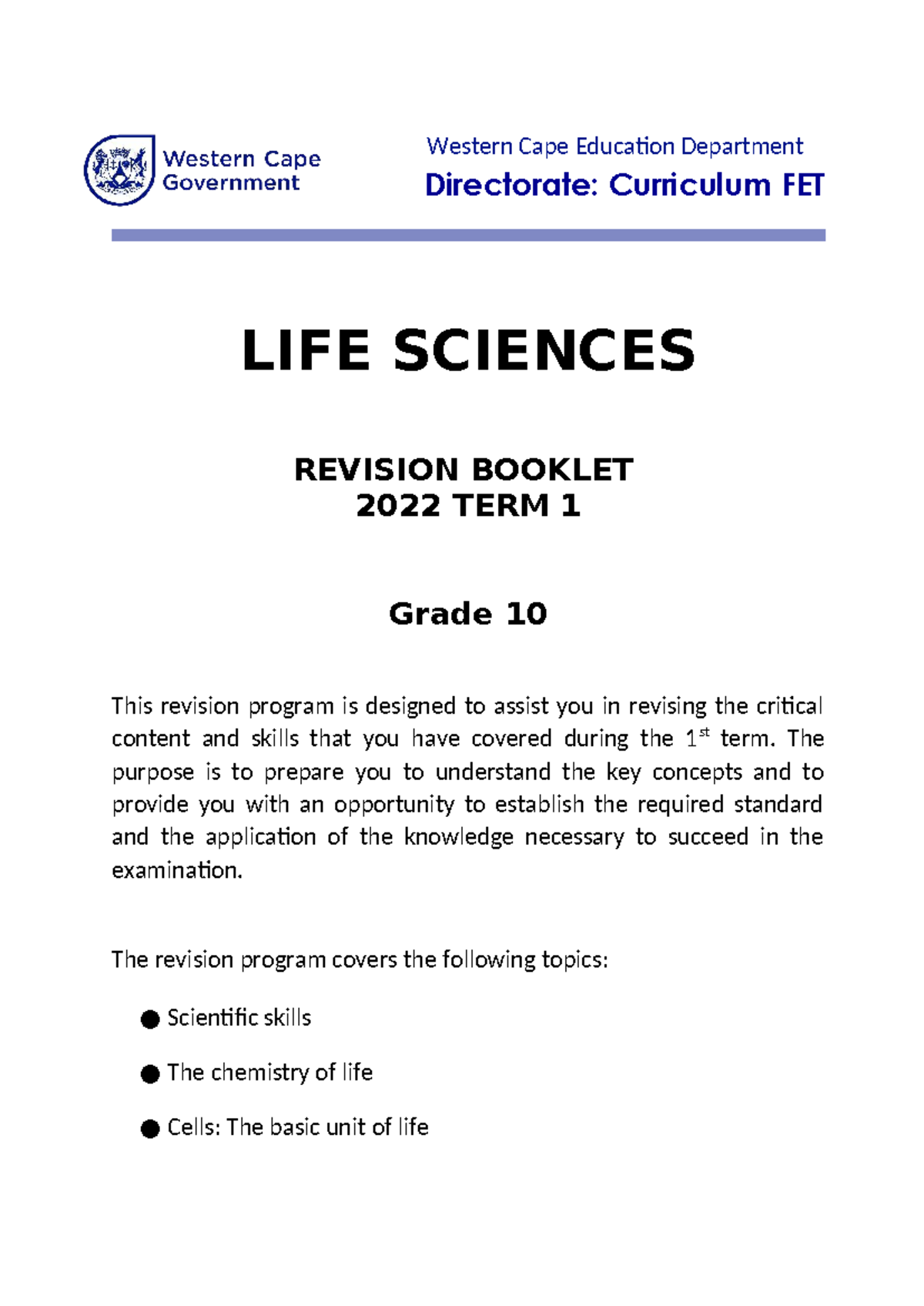 Life Sciences Grade 10 Term 1 Revision Booklet 2022 - Studocu