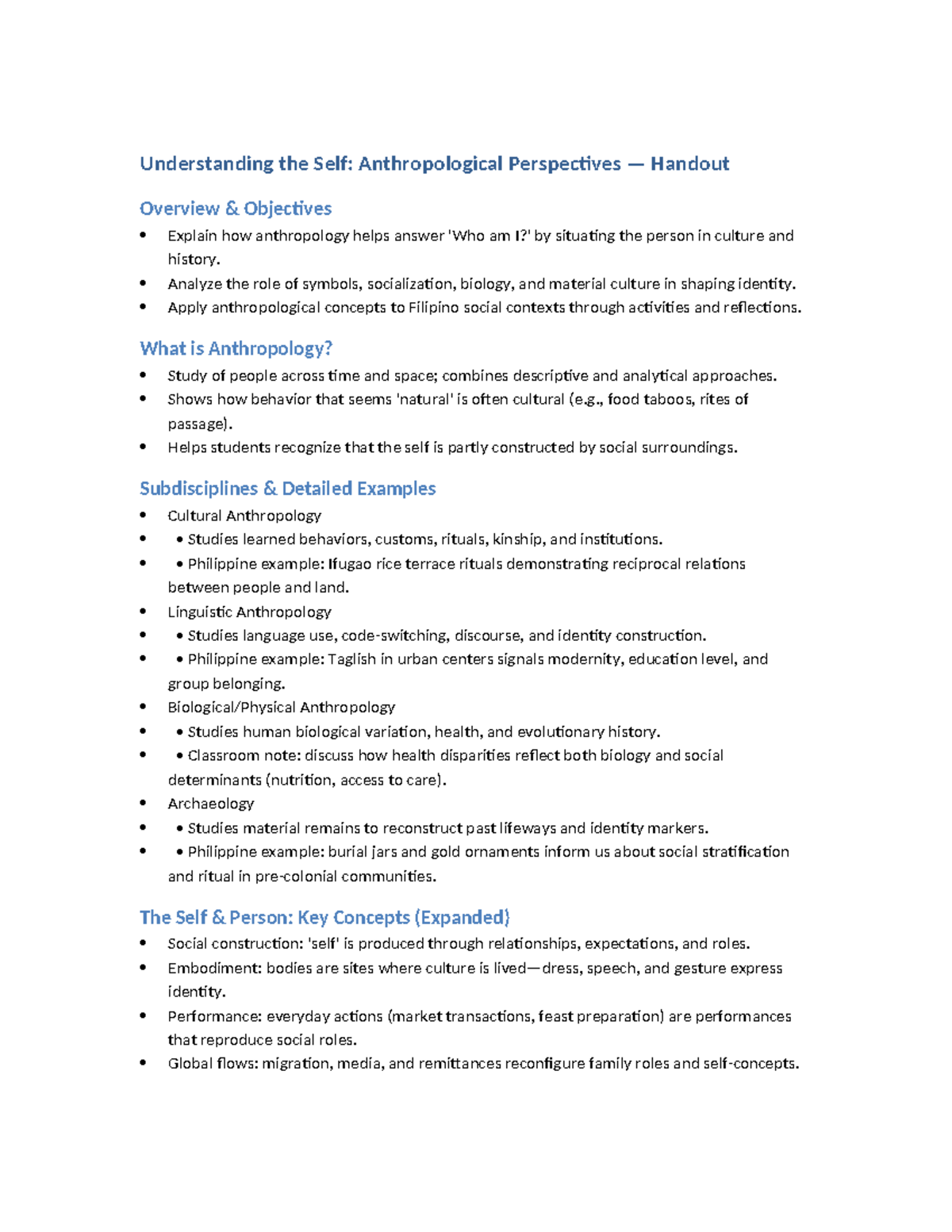 UTS 3 - Understanding the Self: Anthropological Perspectives Handout ...