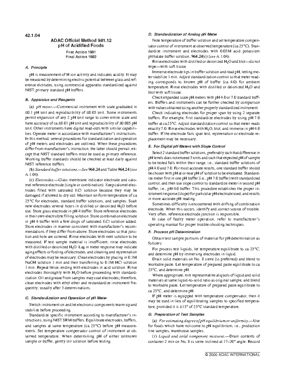 AOAC 981.12 Final Action: pH Measurement Method for Acidified Foods ...