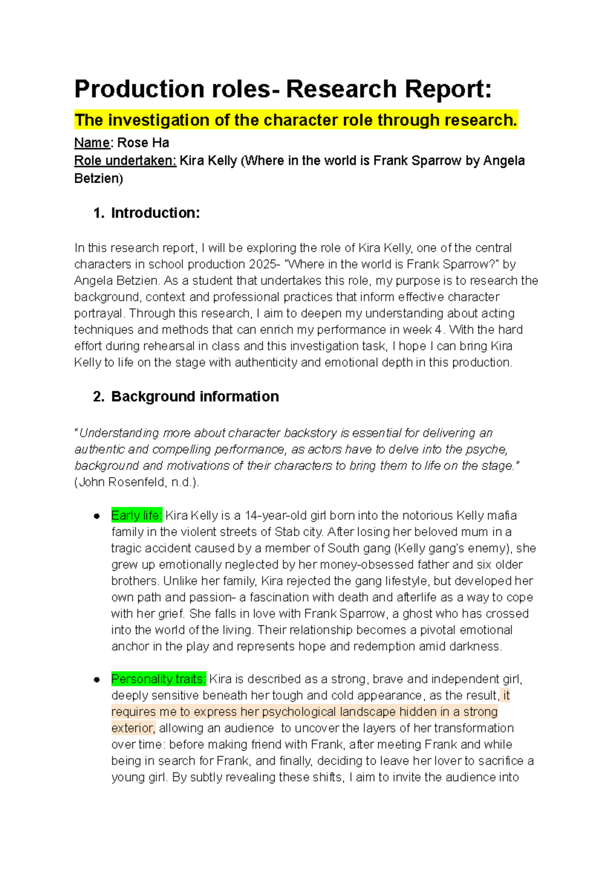 Production Research Report: Exploring Kira Kelly's Character Role - Studocu