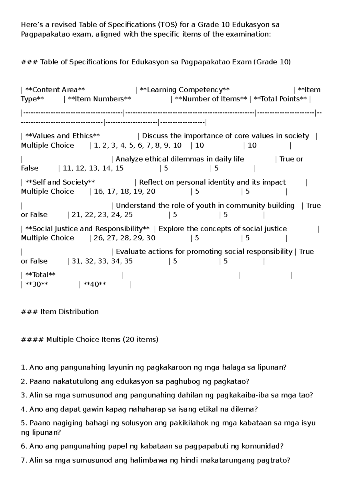 ESP 10 - Quarter 1 Exam Revised TOS and Item Distribution Guide - Studocu