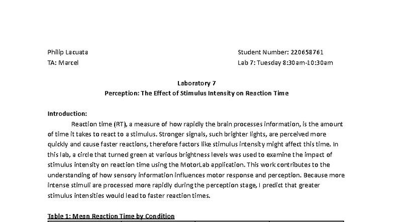 KINE 3020 Lab 7: Impact of Stimulus Intensity on Reaction Time - Studocu