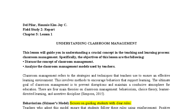 FS2: Chapter 5 - Lesson 1 on Classroom Management Strategies - Studocu