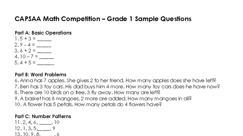 Capsa-2025-MATH- Reviewer - CAPSAA Math Competition – Grade 1 Sample ...