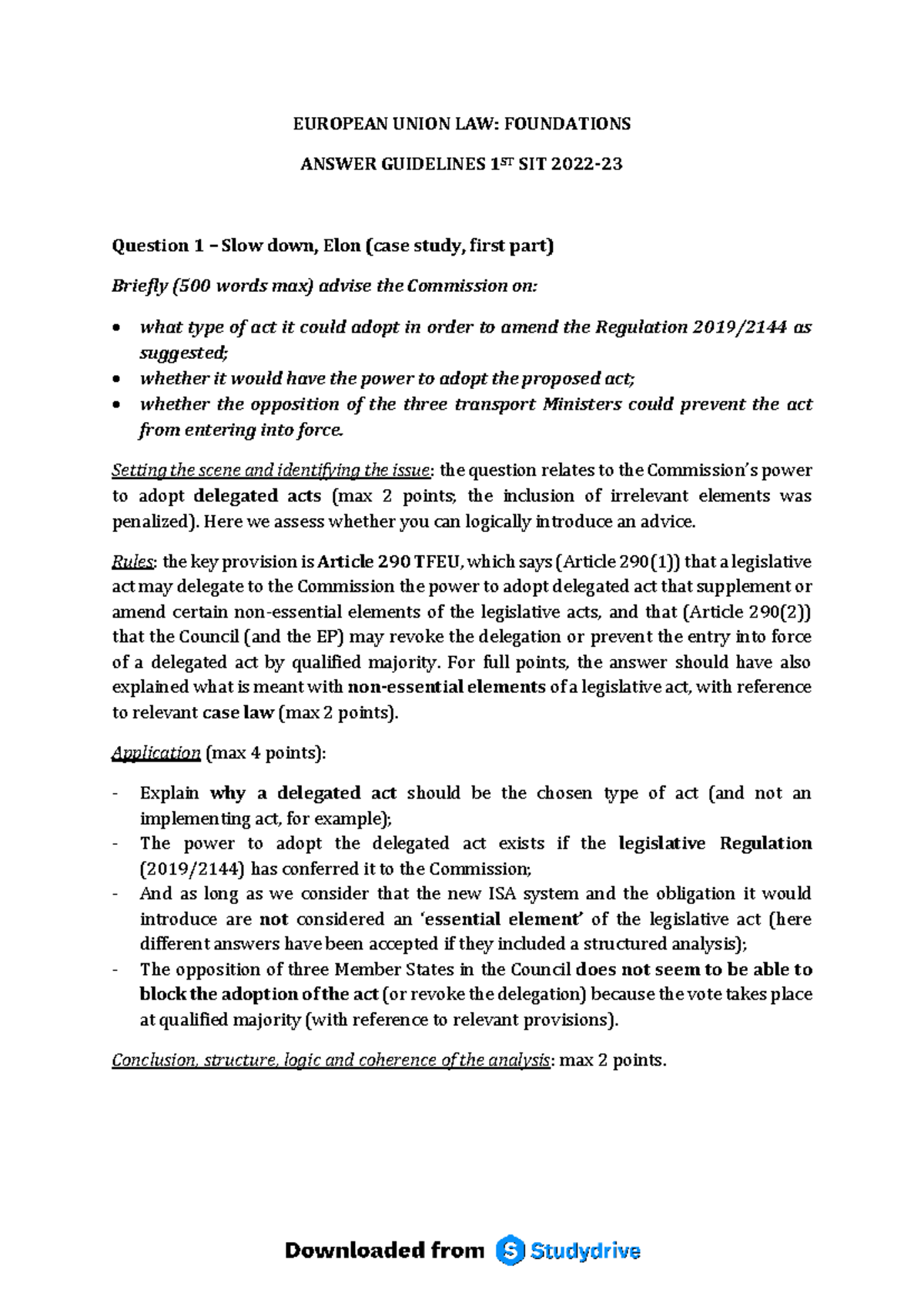 EU LAW: FOUNDATIONS ANSWER GUIDELINES - CASE STUDY ANALYSIS - Studeersnel