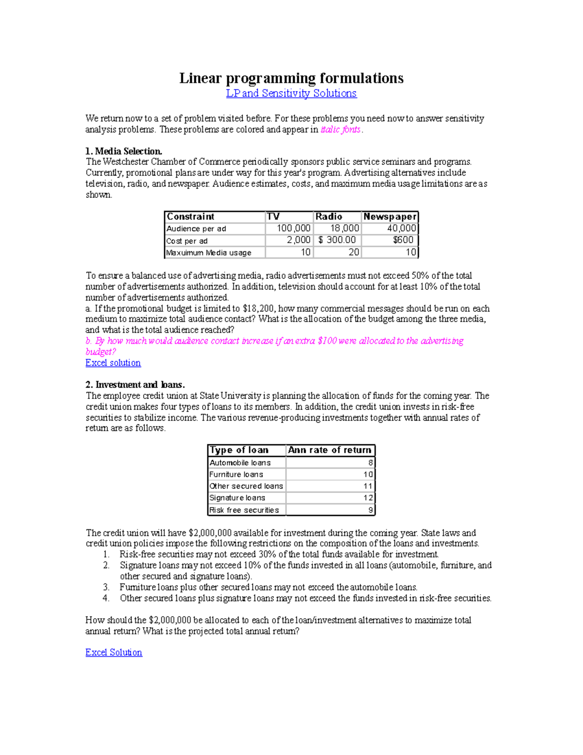 LP Formulations & Sensitivity Analysis Solutions for Case Studies - Studocu