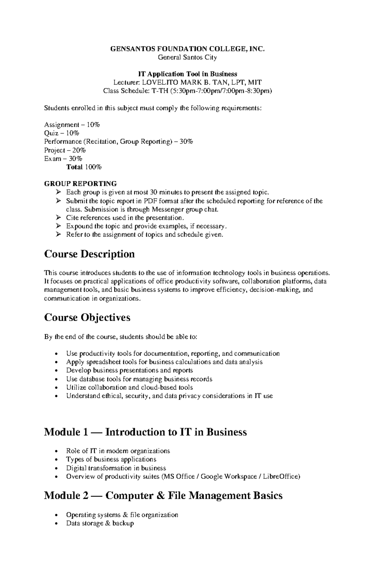 IT-Application-Tools-in-Business Course Outline (GENSANTOS) - Studocu