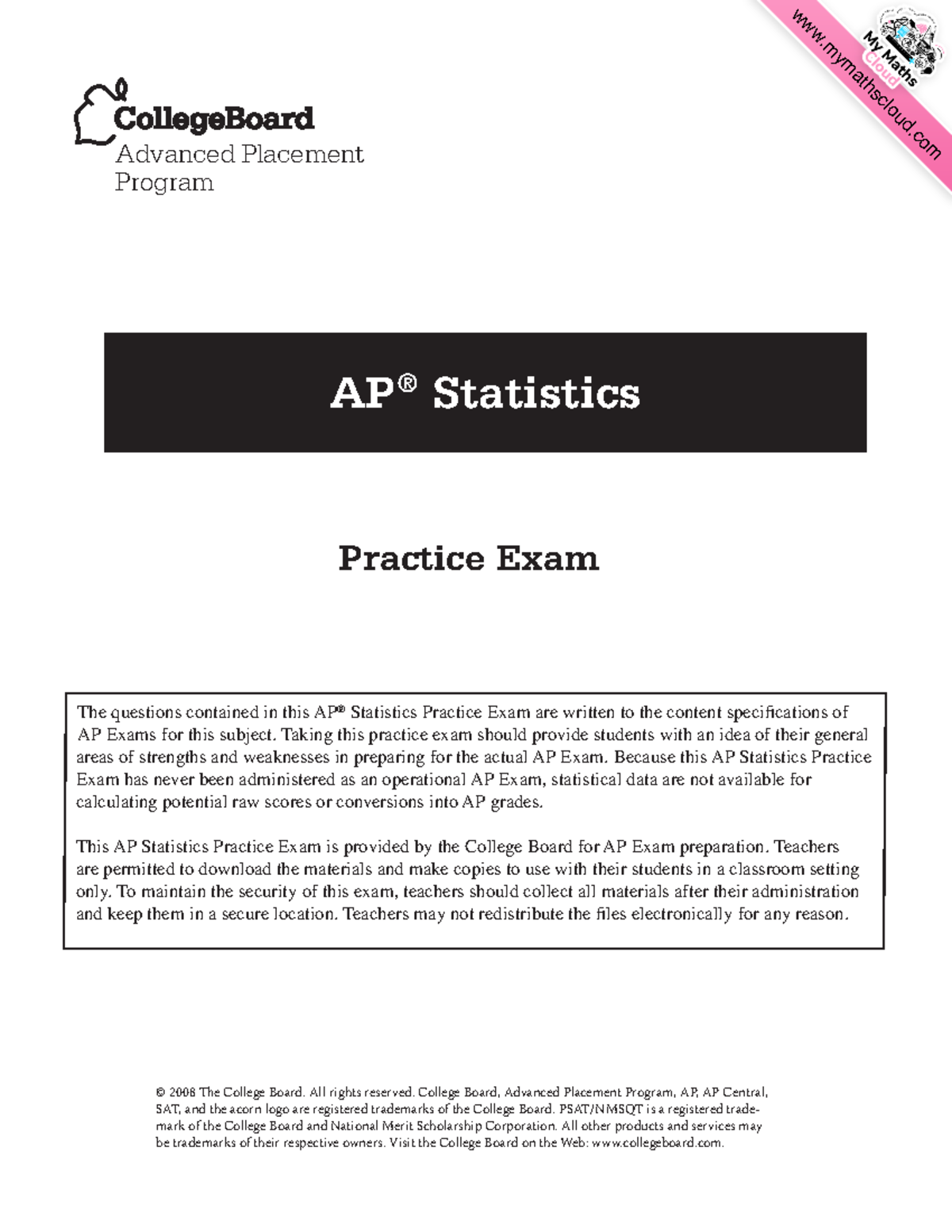 Stats Practice EXAM - past - The questions contained in this AP ...