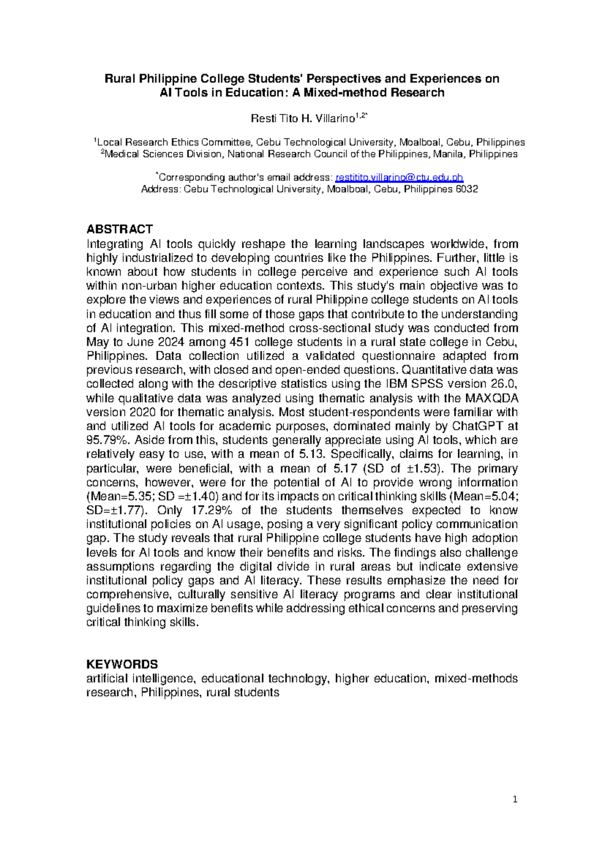 Rural College Students' Perspectives on AI Tools in Education: A Mixed ...