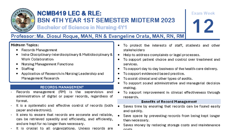 NCMB419 LEC & RLE: BSN 4TH YEAR MIDTERM REVIEW 2023 - Studocu