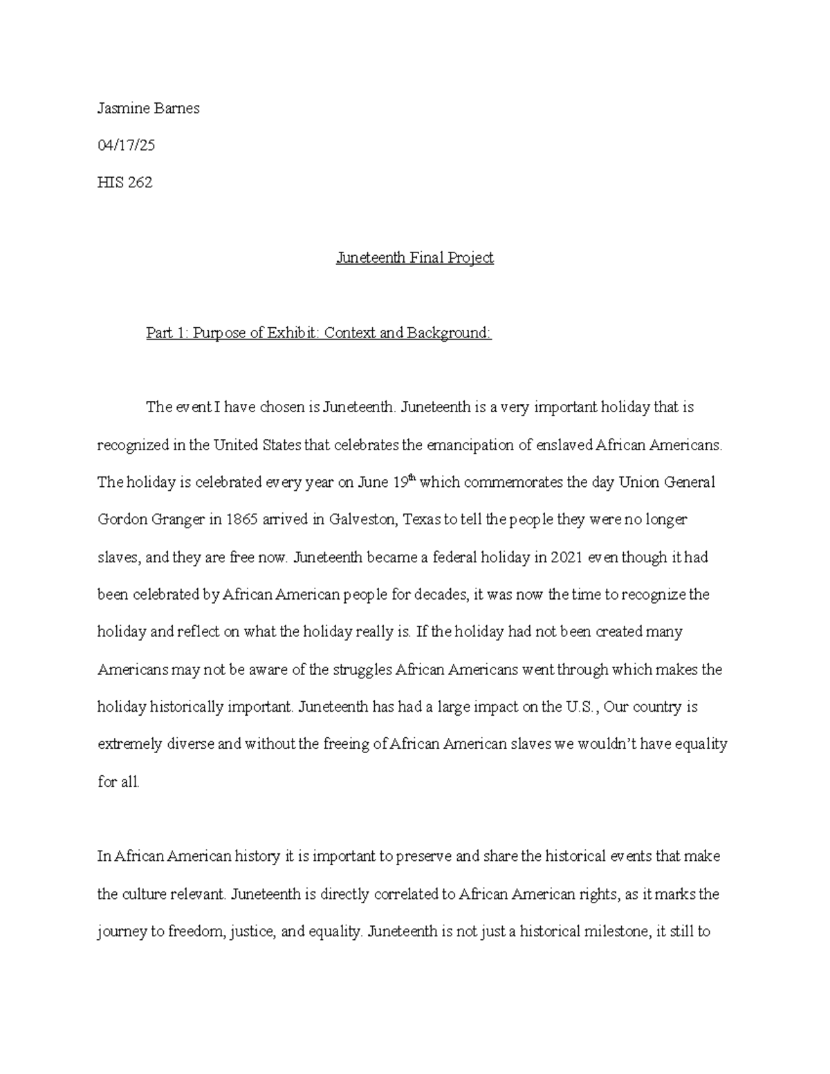 HIS 262 Juneteenth Final Project: Context, Artifacts & Impact - Studocu