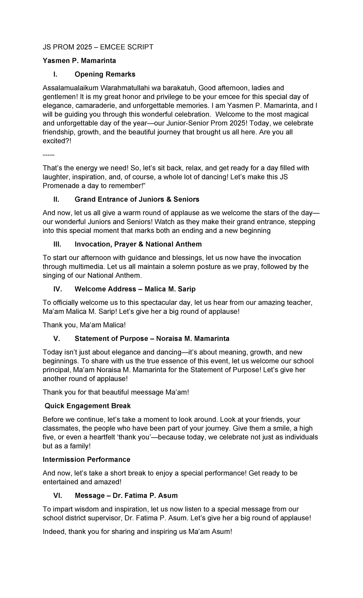 JS Prom 2025 Emcee Script: Celebrating Friendship & Growth - Studocu