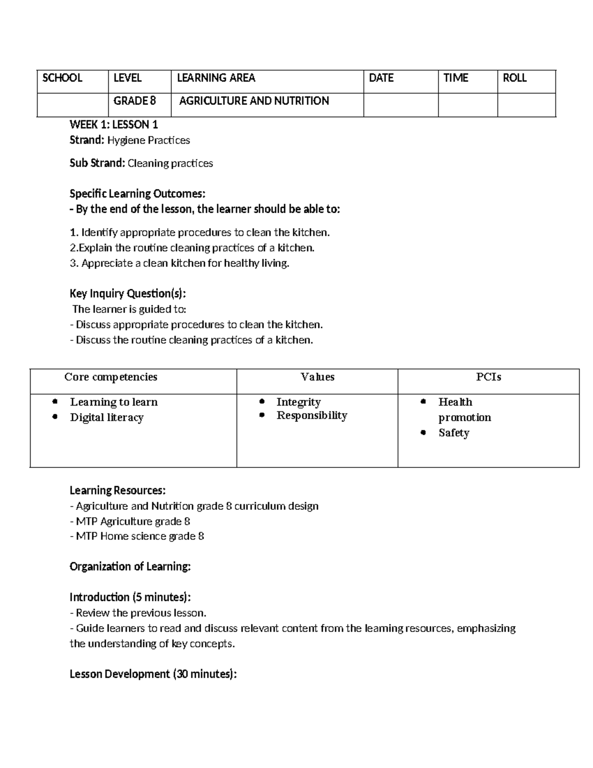 Grade 8 Agriculture & Nutrition Lesson Plans: Hygiene & Sewing Skills ...