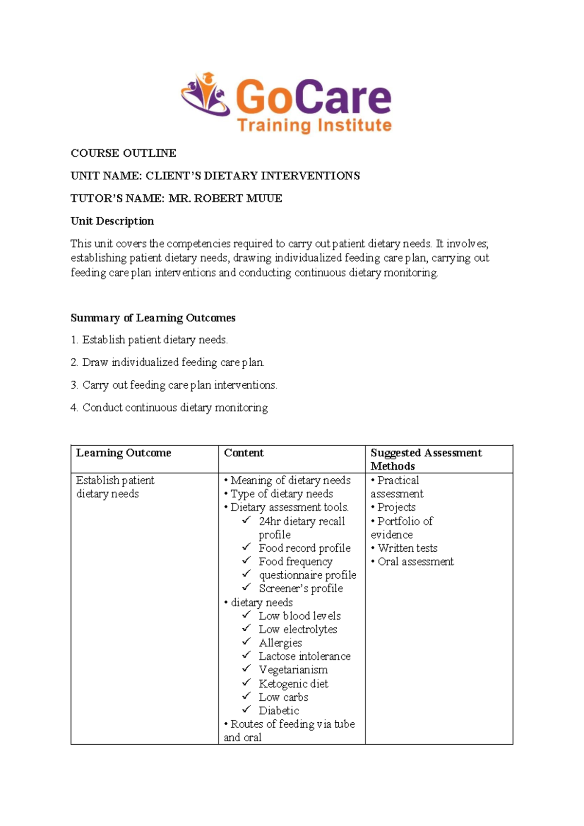 Course Outline: Dietary Interventions (DIET 101) - Studocu