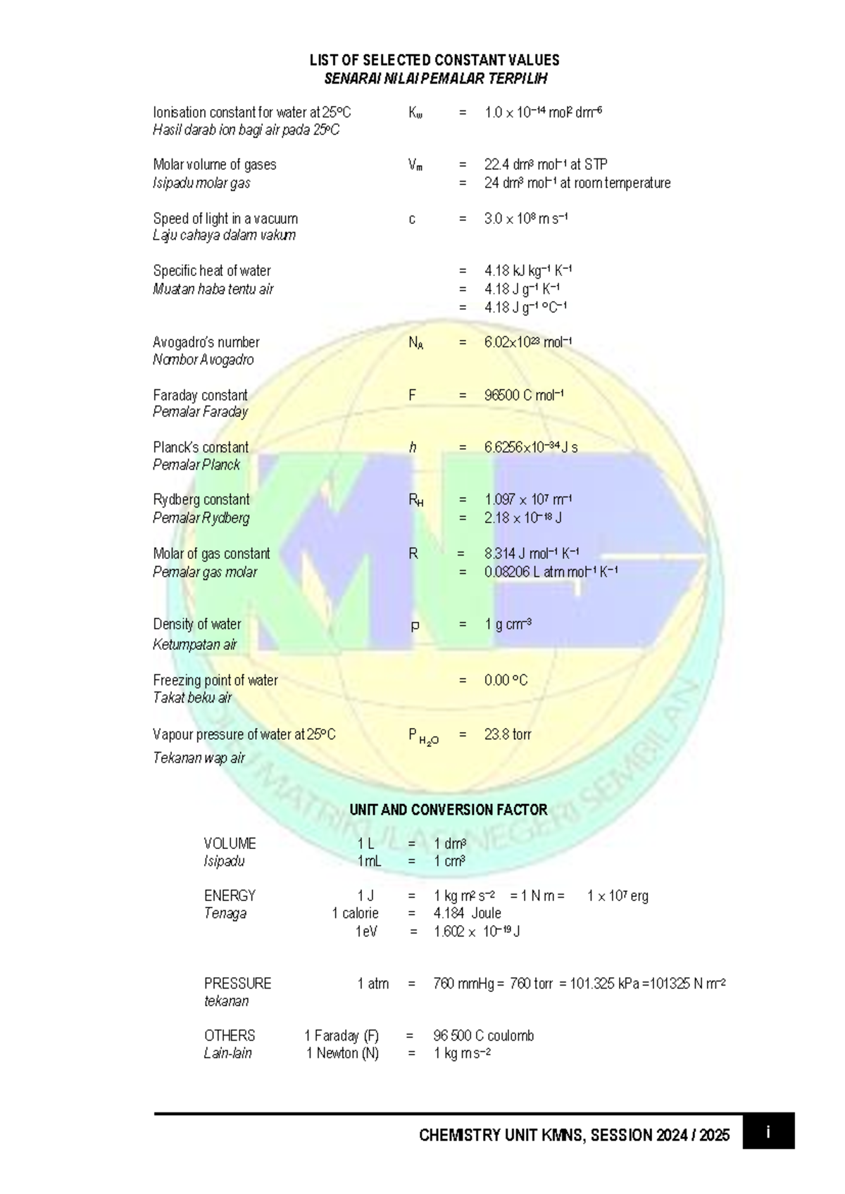 Constant Values and Conversion Factors for Chemistry KMNS 2024/2025 ...