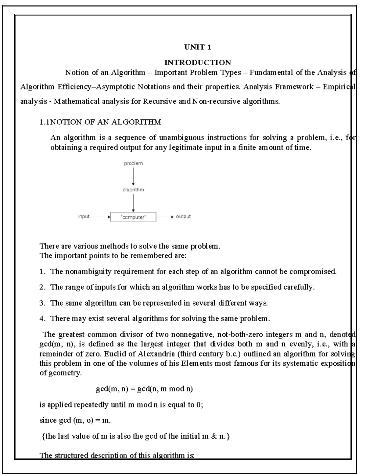 Unit 1 updated - UNIT 1 - UNIT 1 INTRODUCTION Notion of an Algorithm ...