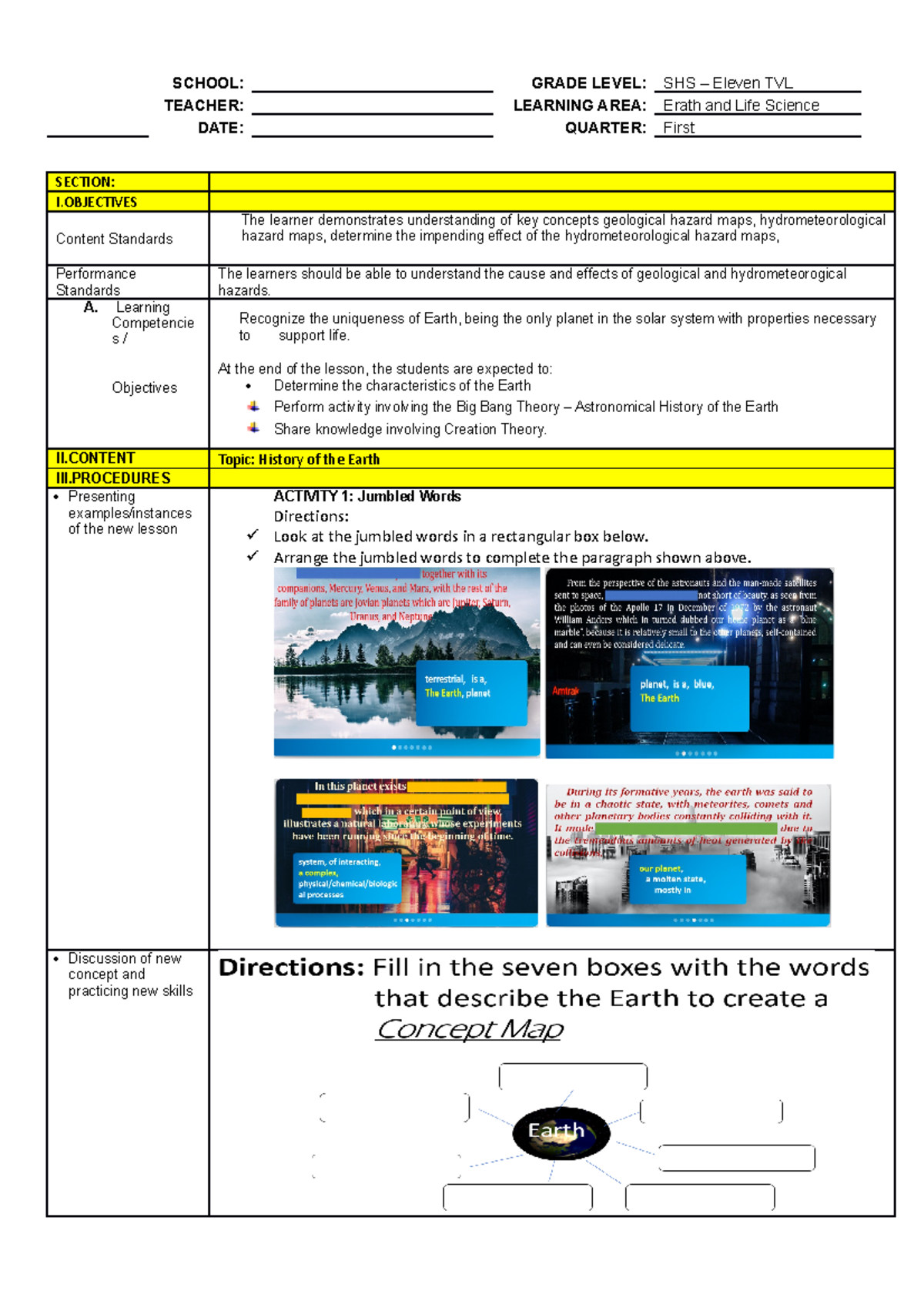 Lesson 1: Uniqueness of Earth in Erath and Life Science (SHS TVL) - Studocu