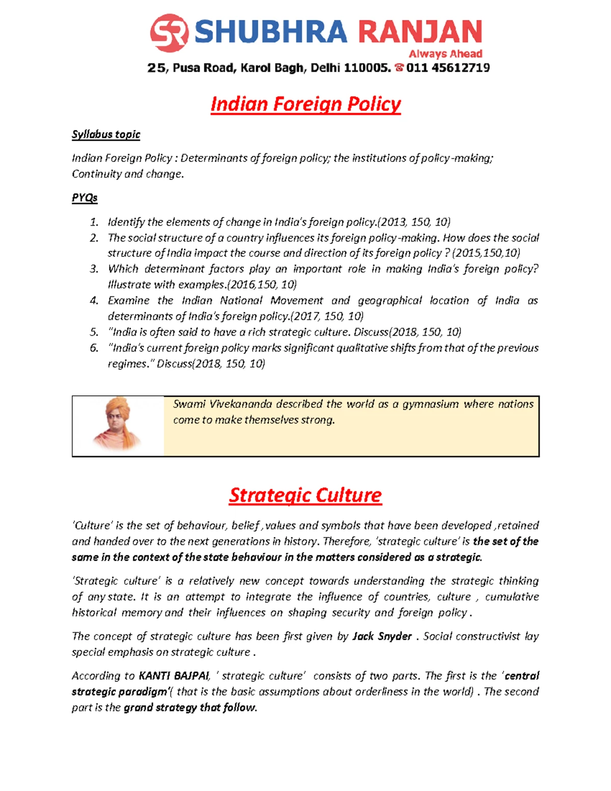 Unit 1 to 6 - sol du study material for indian foreign policy semester ...
