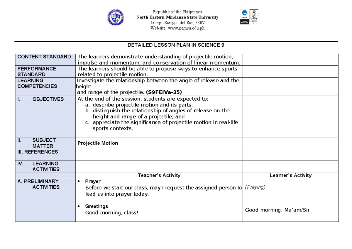 Detailed Lesson Plan in Science 9: Projectile Motion & Geothermal ...