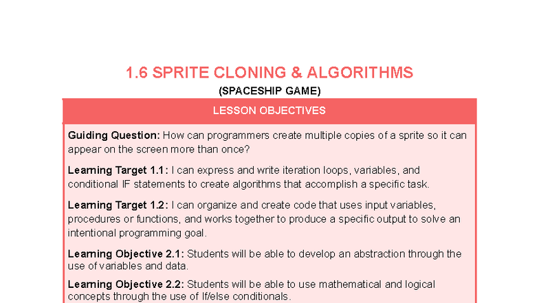 Sprite Cloning & Algorithms in Spaceship Game (CS101) - Studocu
