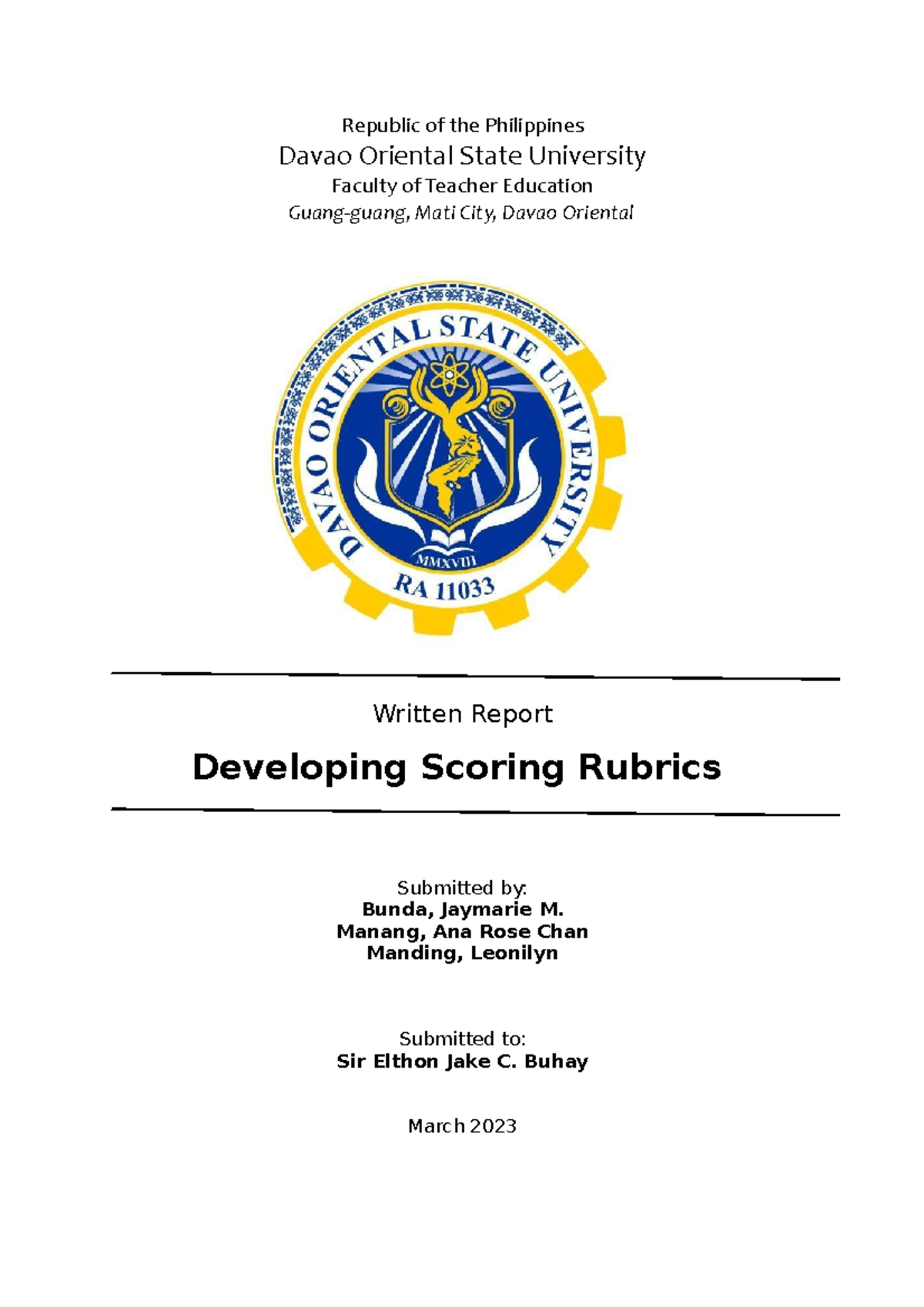Educ-108 Final Report on Developing a Scoring Rubric - Studocu