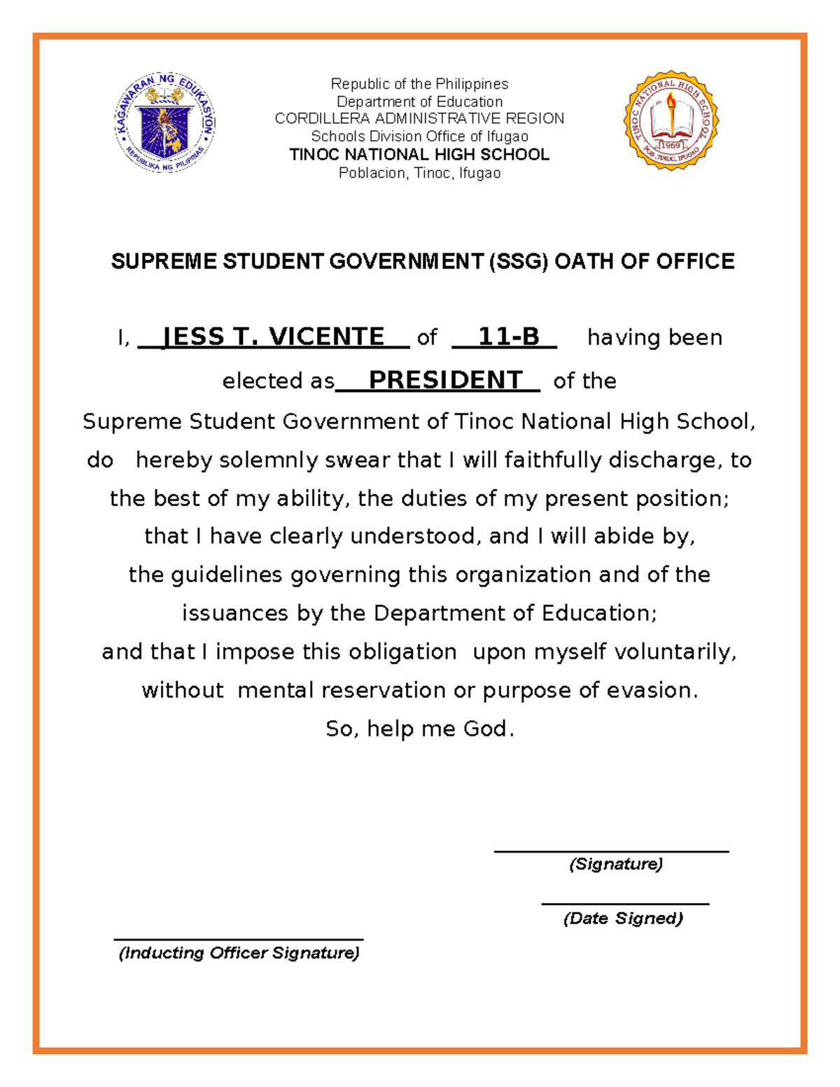 SSG Oath of Office for Tinoc National High School Officials - Studocu