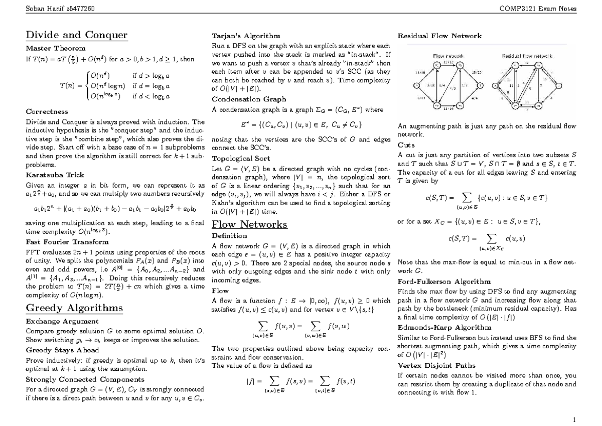 COMP3121 Exam Notes: Divide and Conquer & Flow Networks - Studocu