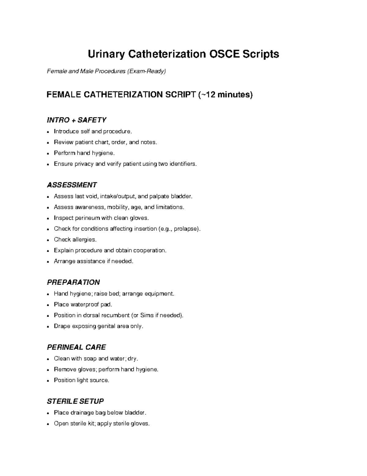Catheterization OSCE Scripts: Female & Male Procedures Guide - Studocu