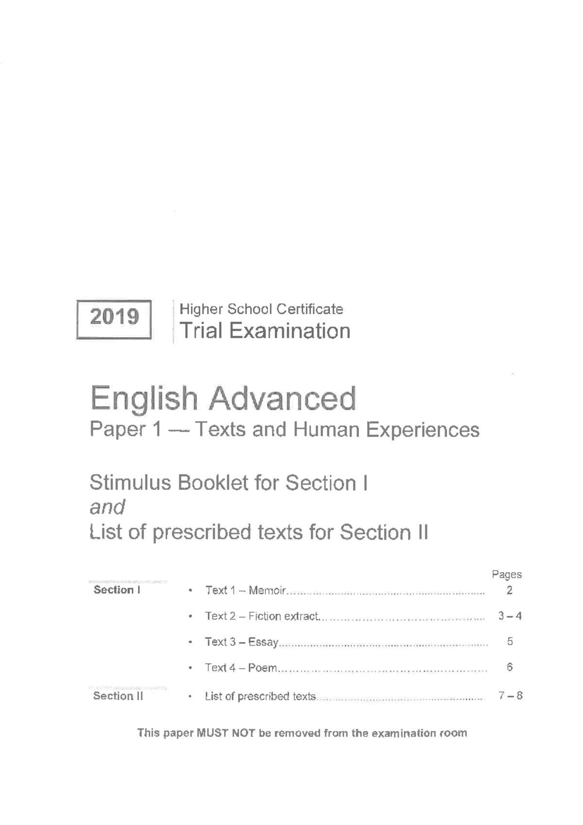 2019 HSC Trial Exam: English Adv Paper 1 - Texts & Human Experiences ...
