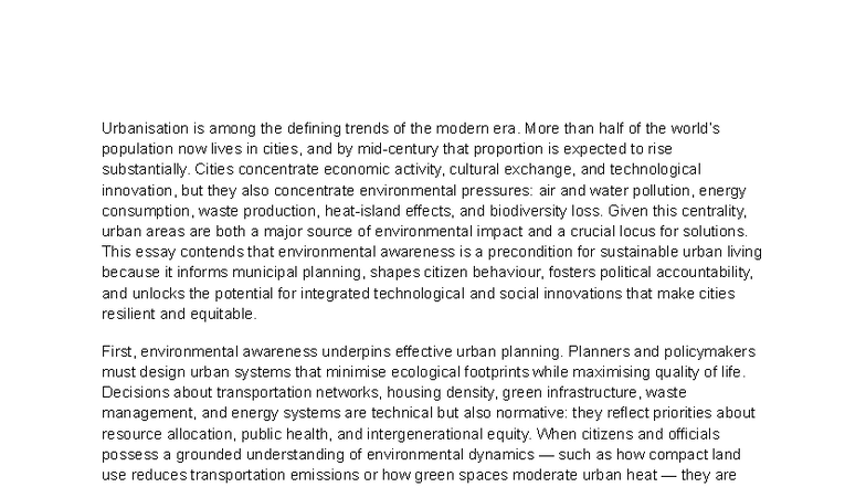 Environmental Awareness and Sustainable Urban Living - Urbanisation is ...