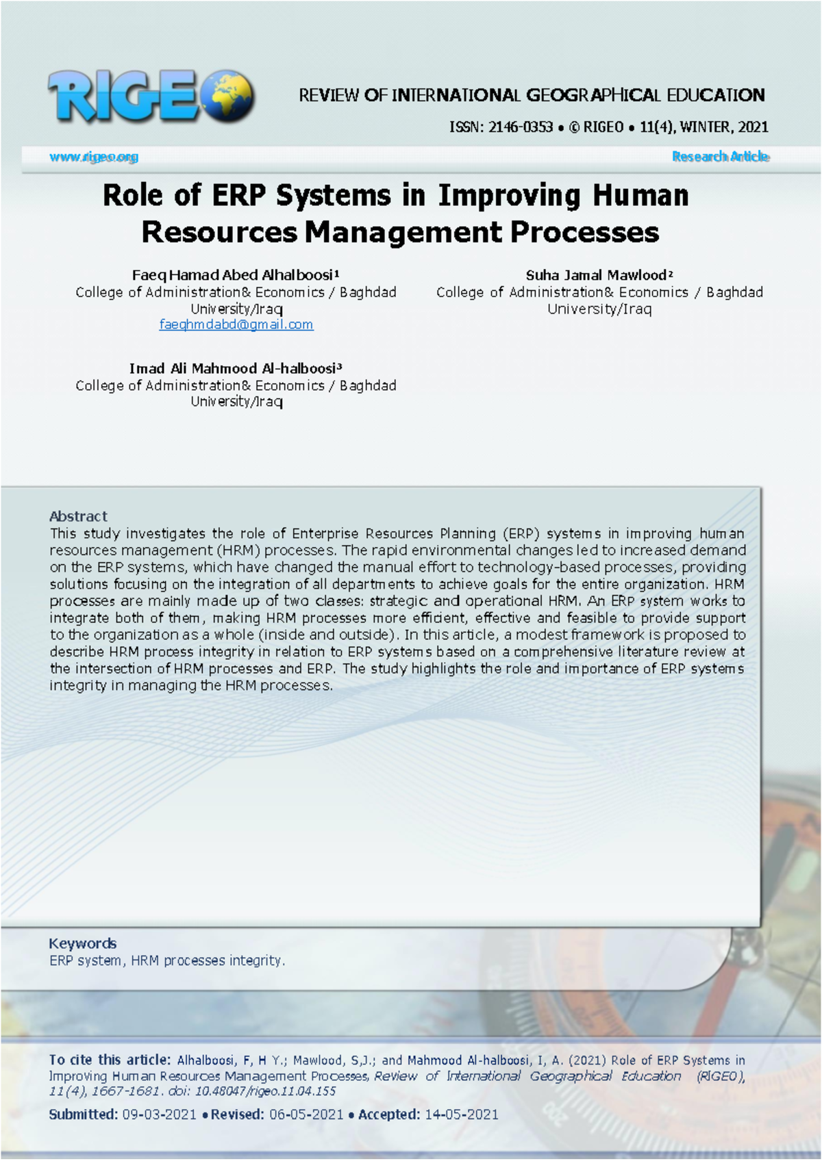 RIGEO 11(4) Winter 2021: ERP Systems & HRM Processes Review - Studocu