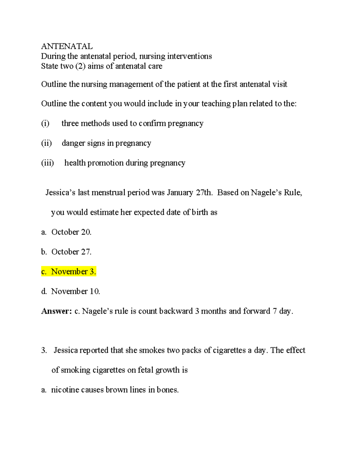 ANT 101: Antenatal Care Sample Questions and Nursing Management - Studocu
