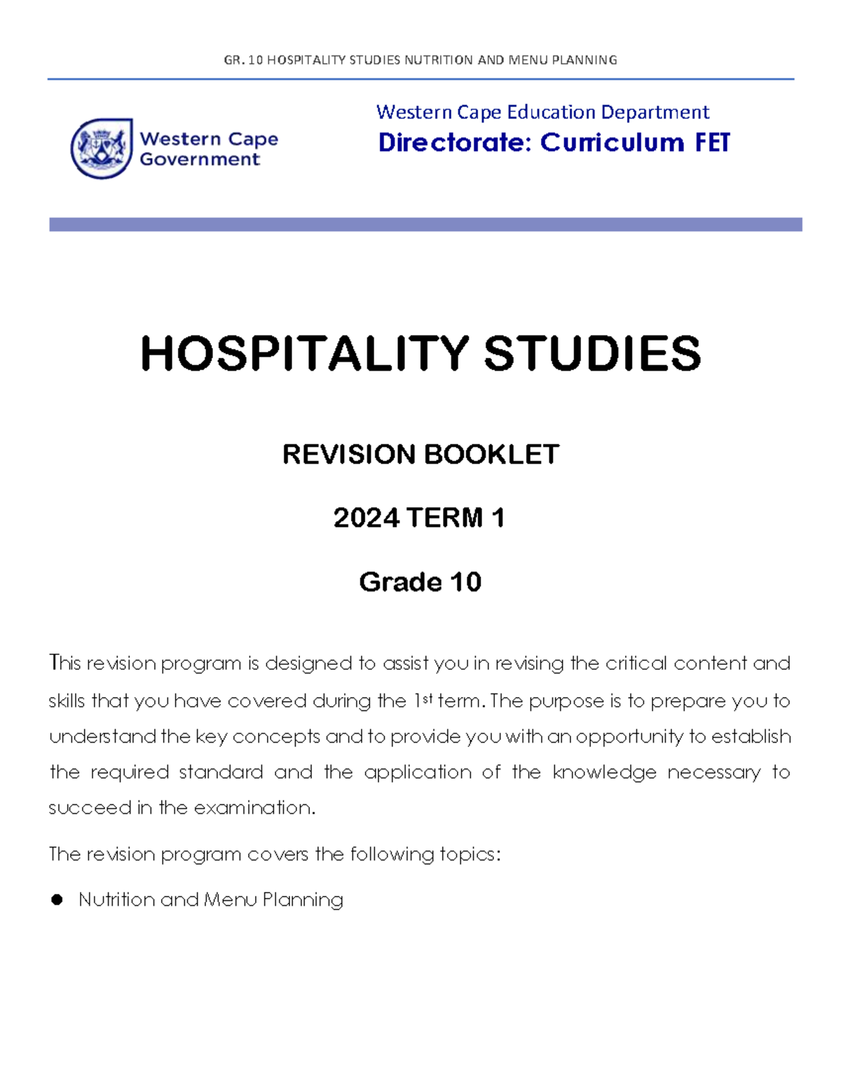 Grade 10 Hospitality Studies Revision Guide TERM 1 2024 - Studocu