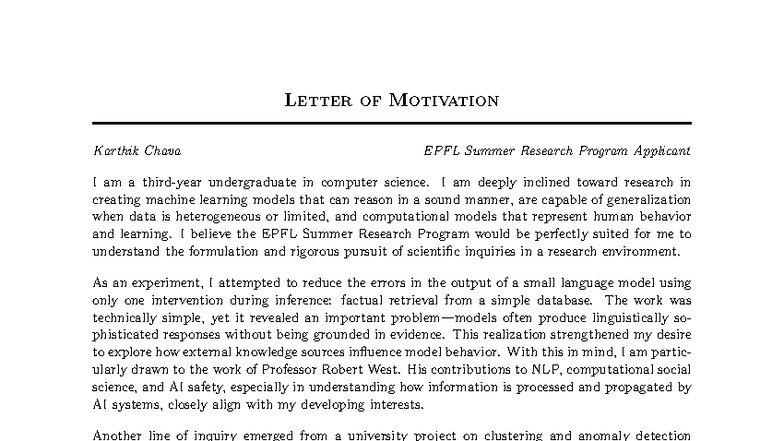 Letter of Motivation for EPFL Summer Research Program - Studocu