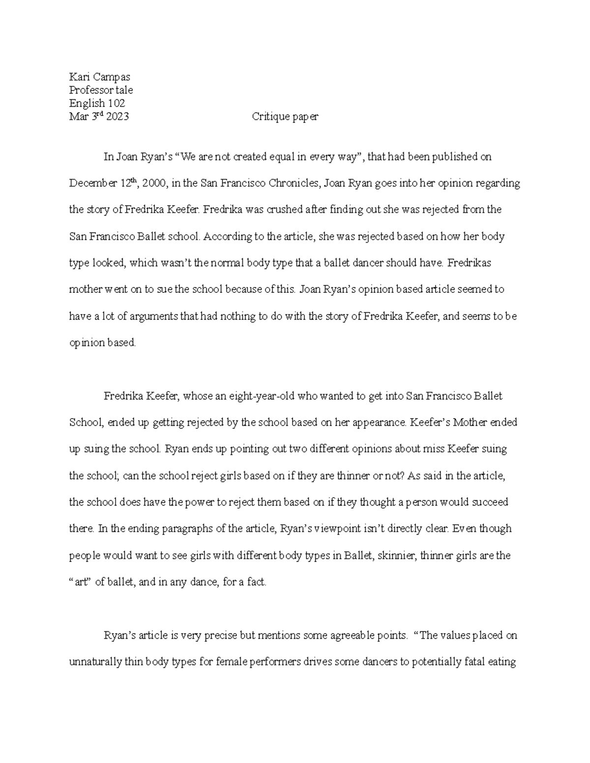 Critique Paper for English 102: Analyzing Joan Ryan's Arguments - Studocu