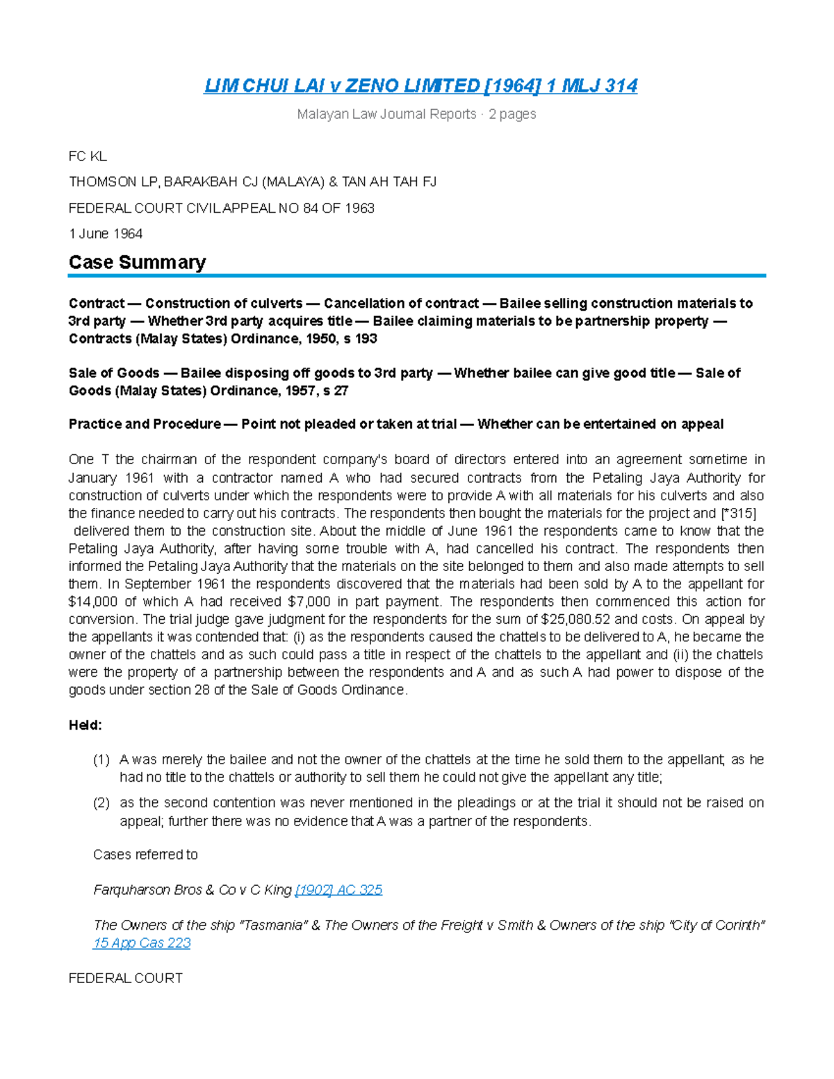 LIM CHUI LAI v ZENO LTD: Case Analysis of FC Civil Appeal No 84/63 ...