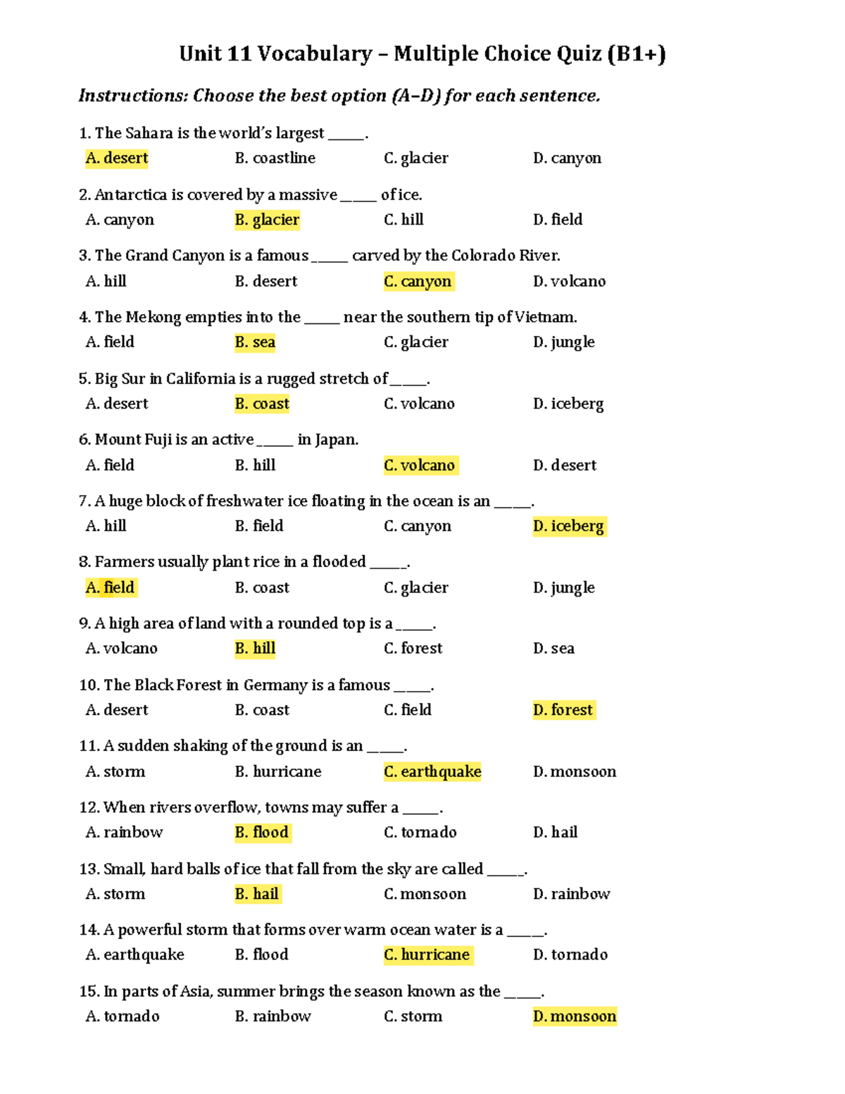 Unit 11 Vocabulary MC Quiz - No Answer Keys - Studocu