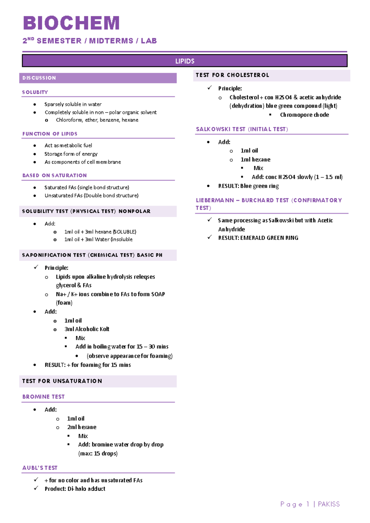 Biochem 2nd Sem Midterm Lab Notes: Lipid Solubility & Tests - Studocu