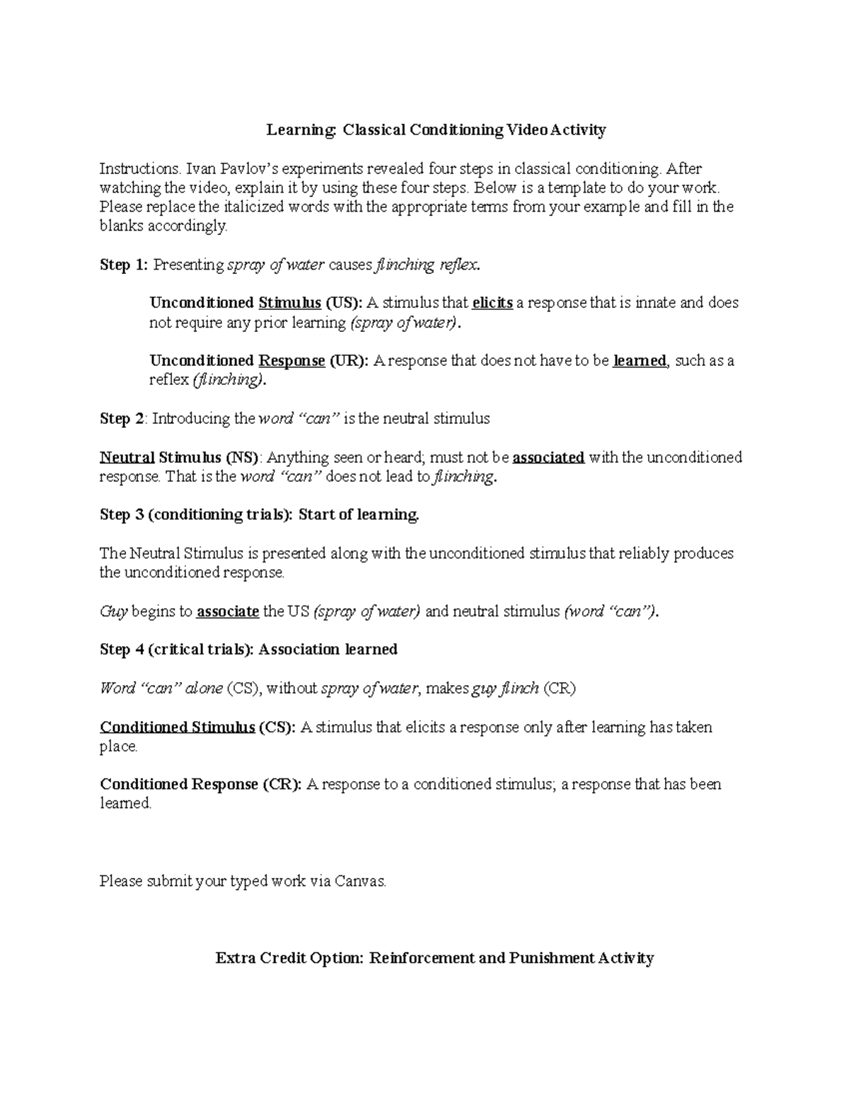 Psy1500 - Classical Conditioning Video Assignment & Extra Credit Guide ...