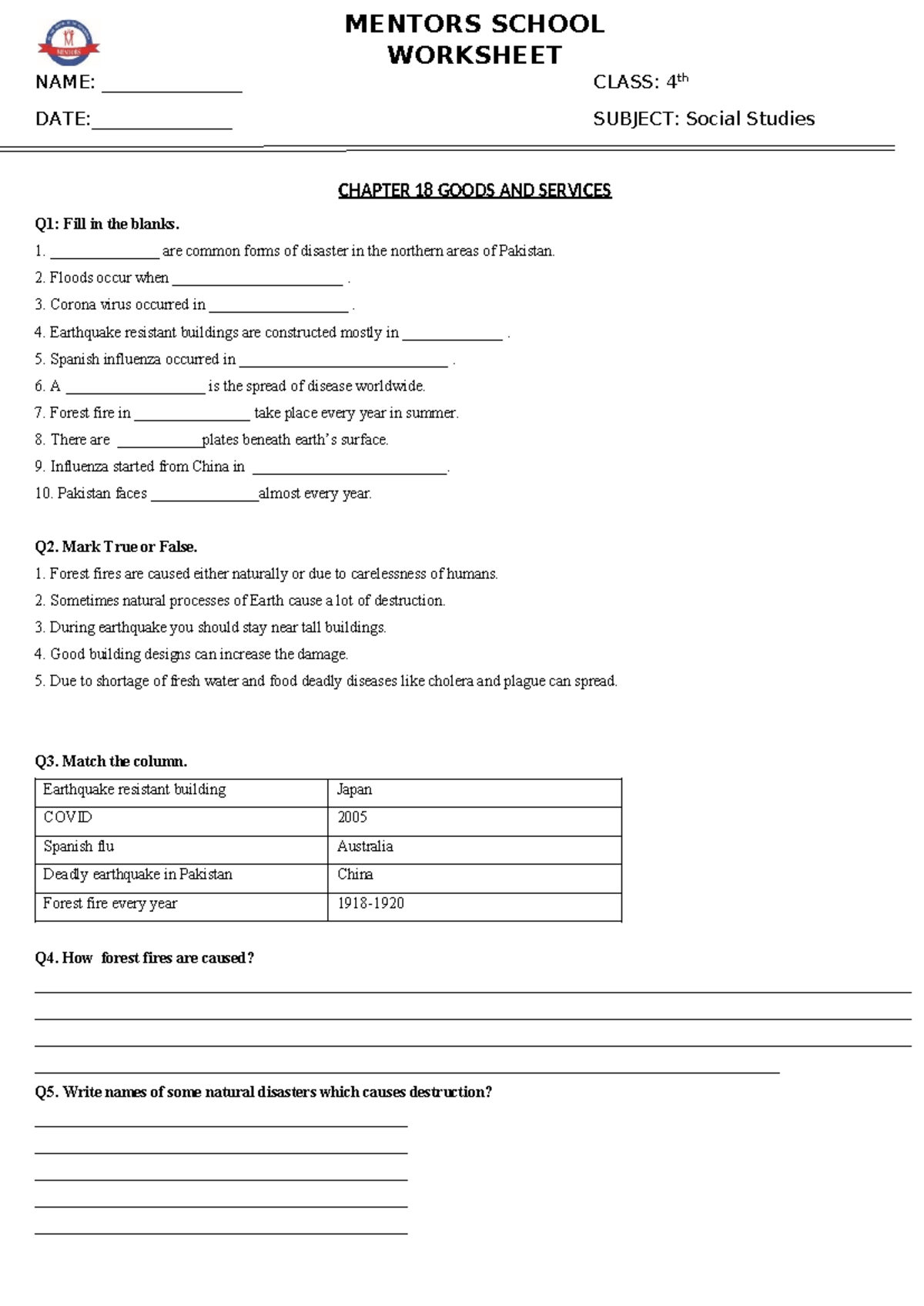 Sst 4 goods and services - MENTORS SCHOOL WORKSHEET NAME ...