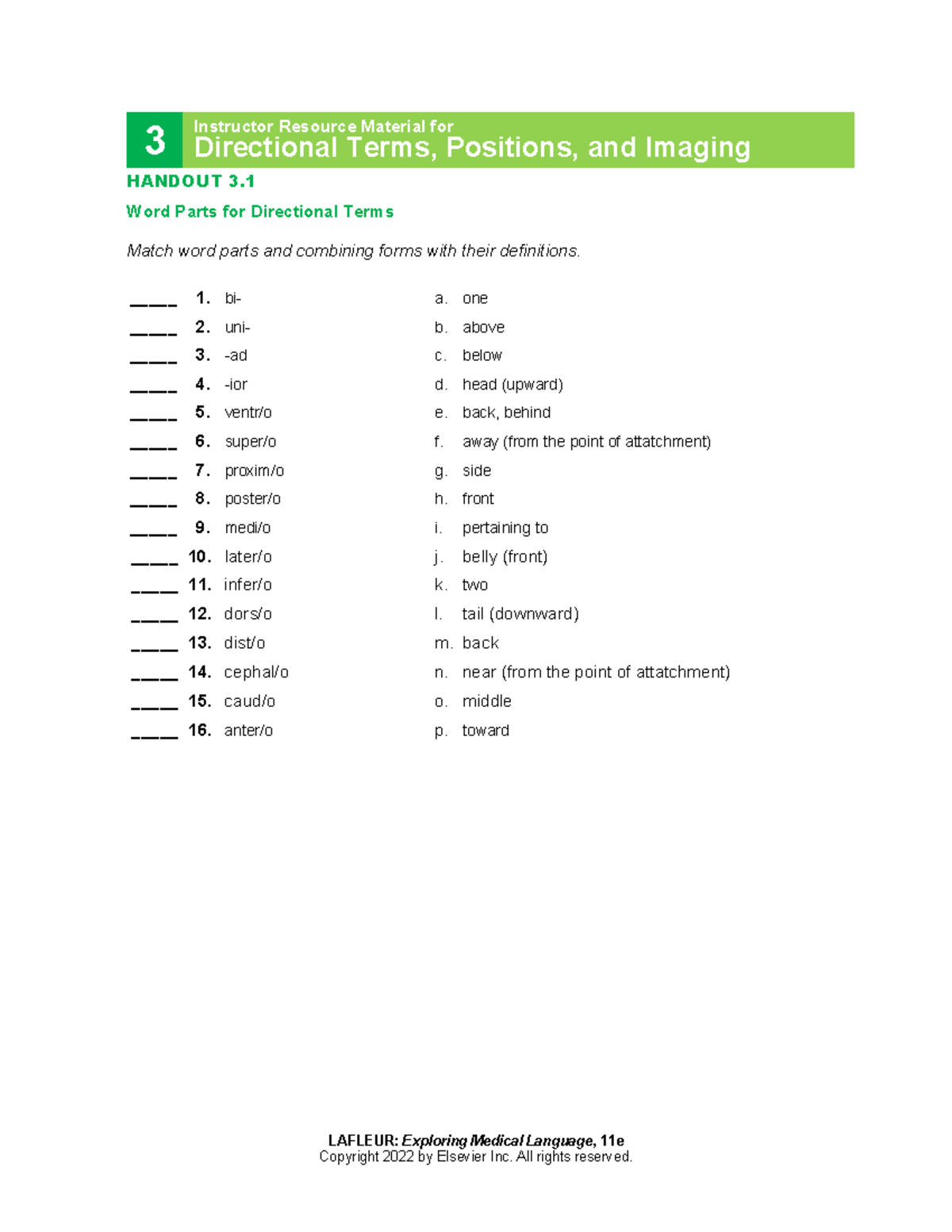 Chapter 003 - Worksheet on Directional Terms & Positions for LAFLEUR ...