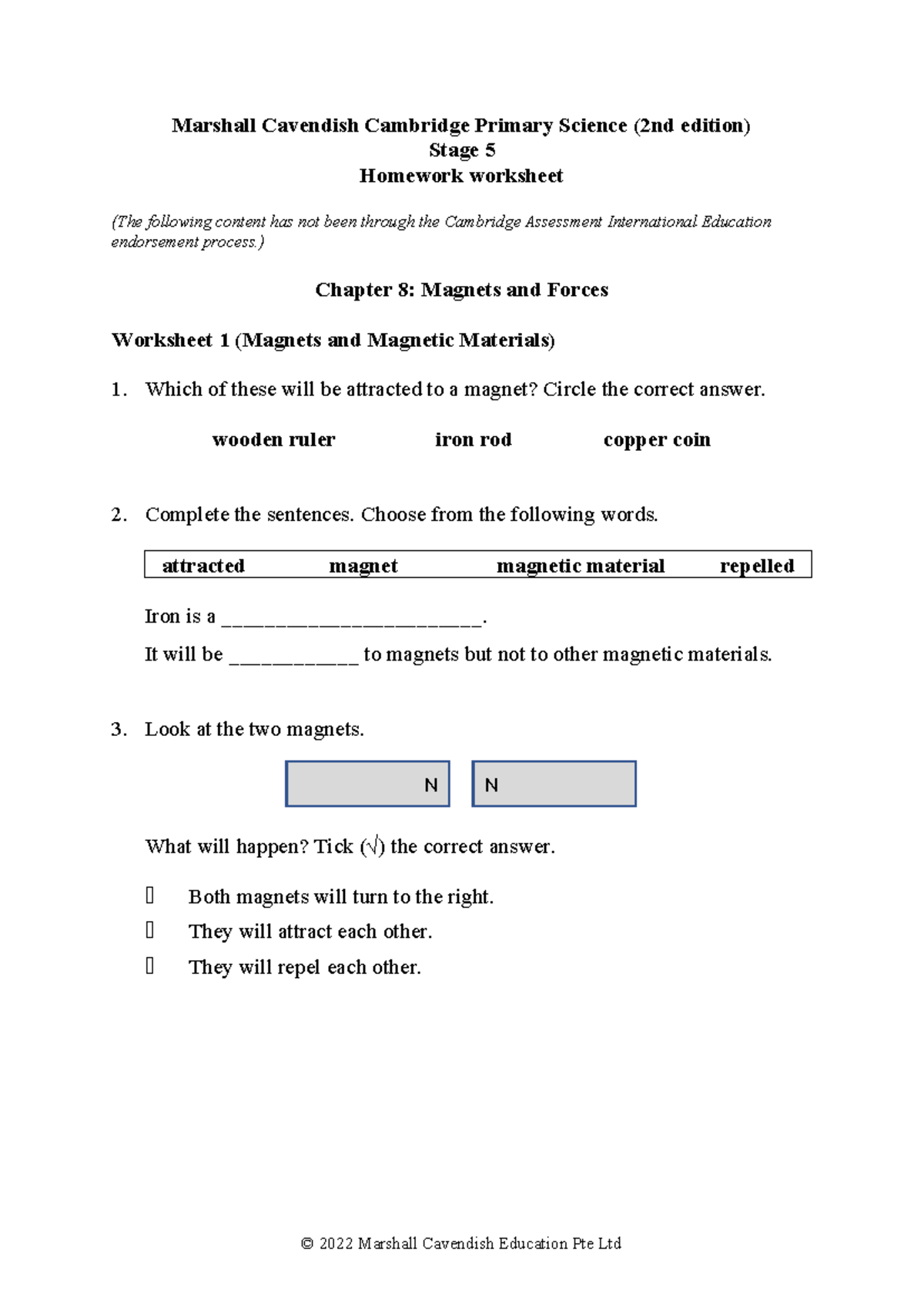 Cambridge PS 2E S5 Homework Worksheet: Chapter 8 - Magnets & Forces ...