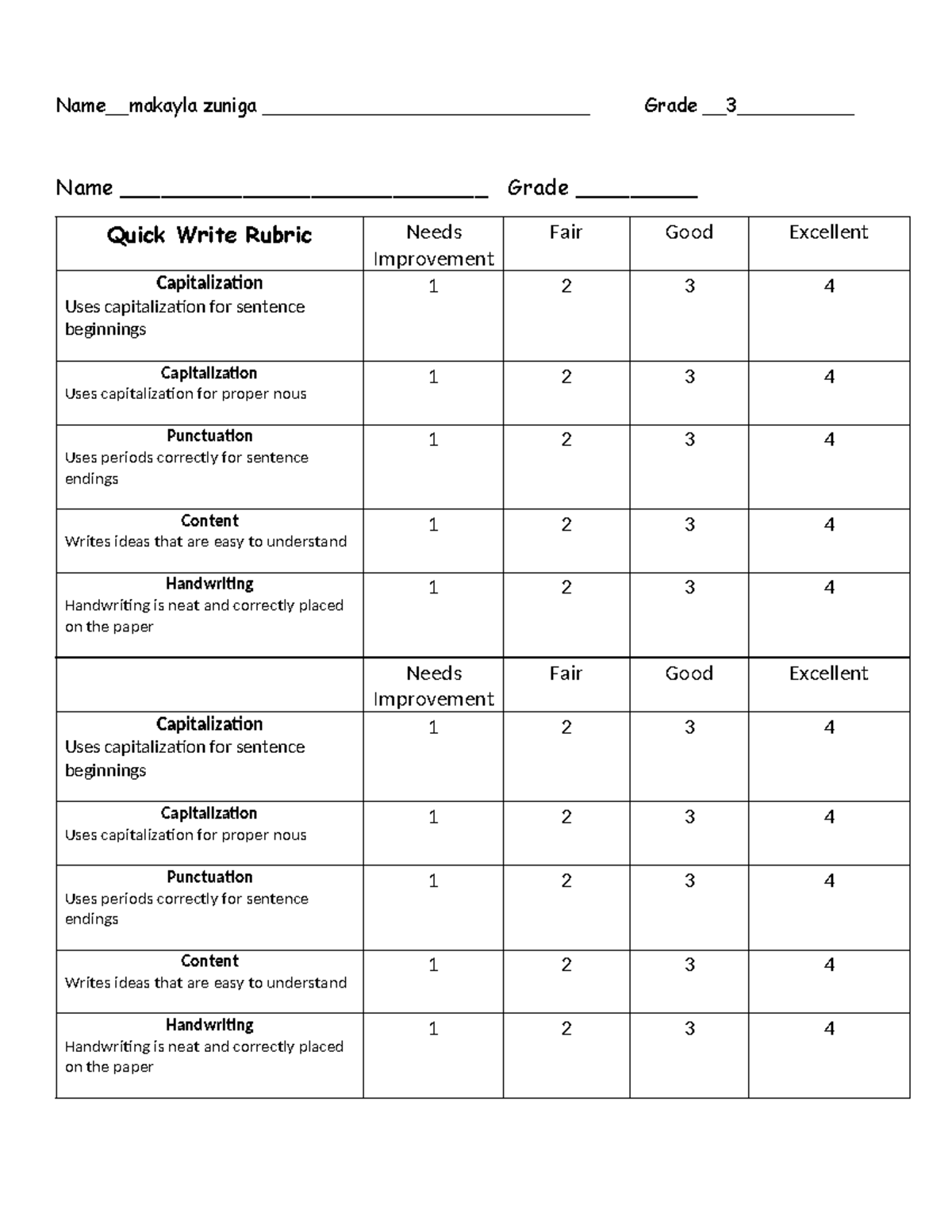 Quick Write Rubric for Grade 3 Assessment - Studocu
