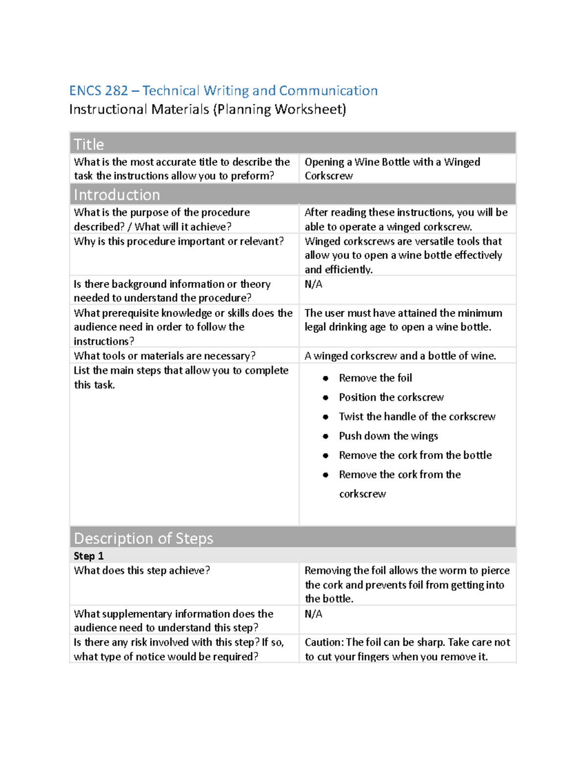 ENCS 282 Technical Writing: Opening a Wine Bottle with a Winged ...