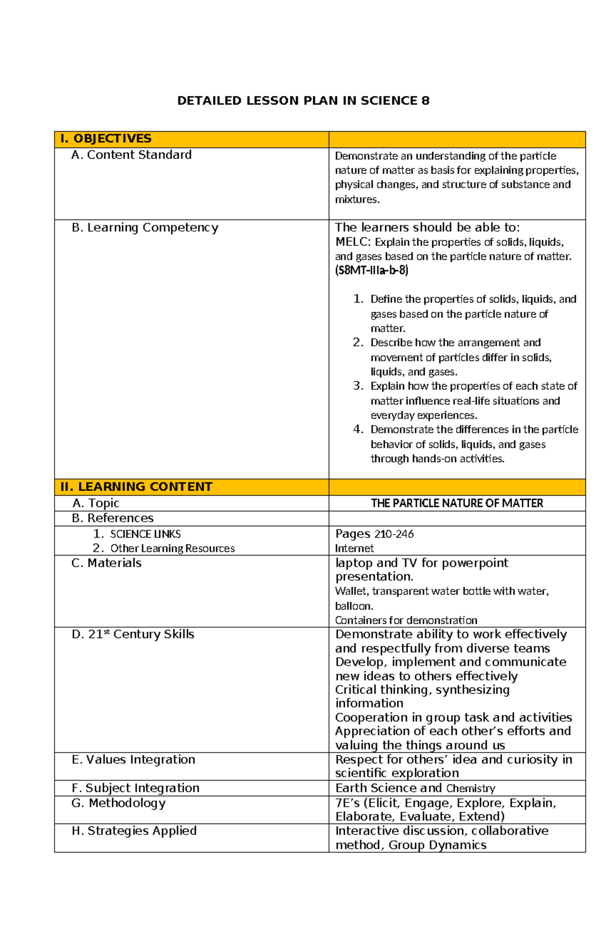 Detailed Lesson Plan: The Particle Nature of Matter (Science 8) - Studocu
