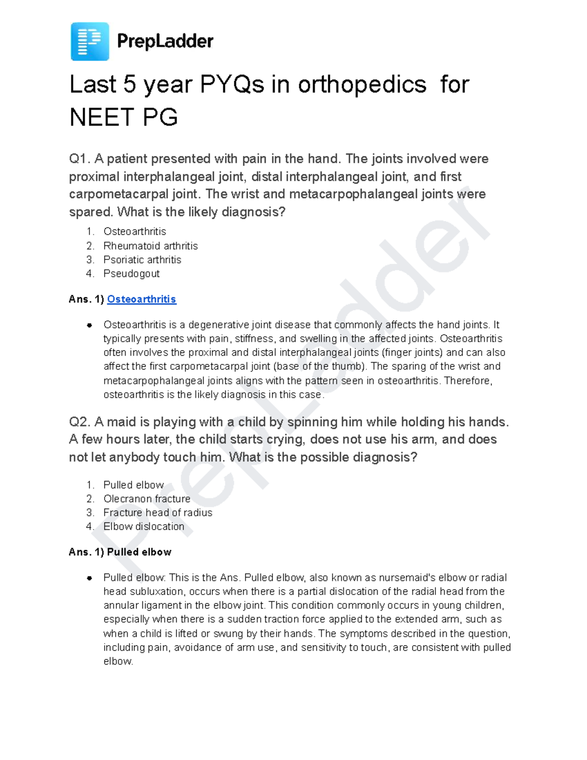 Last 5 Years PYQs in Orthopaedics for NEET PG Exam Prep - Studocu