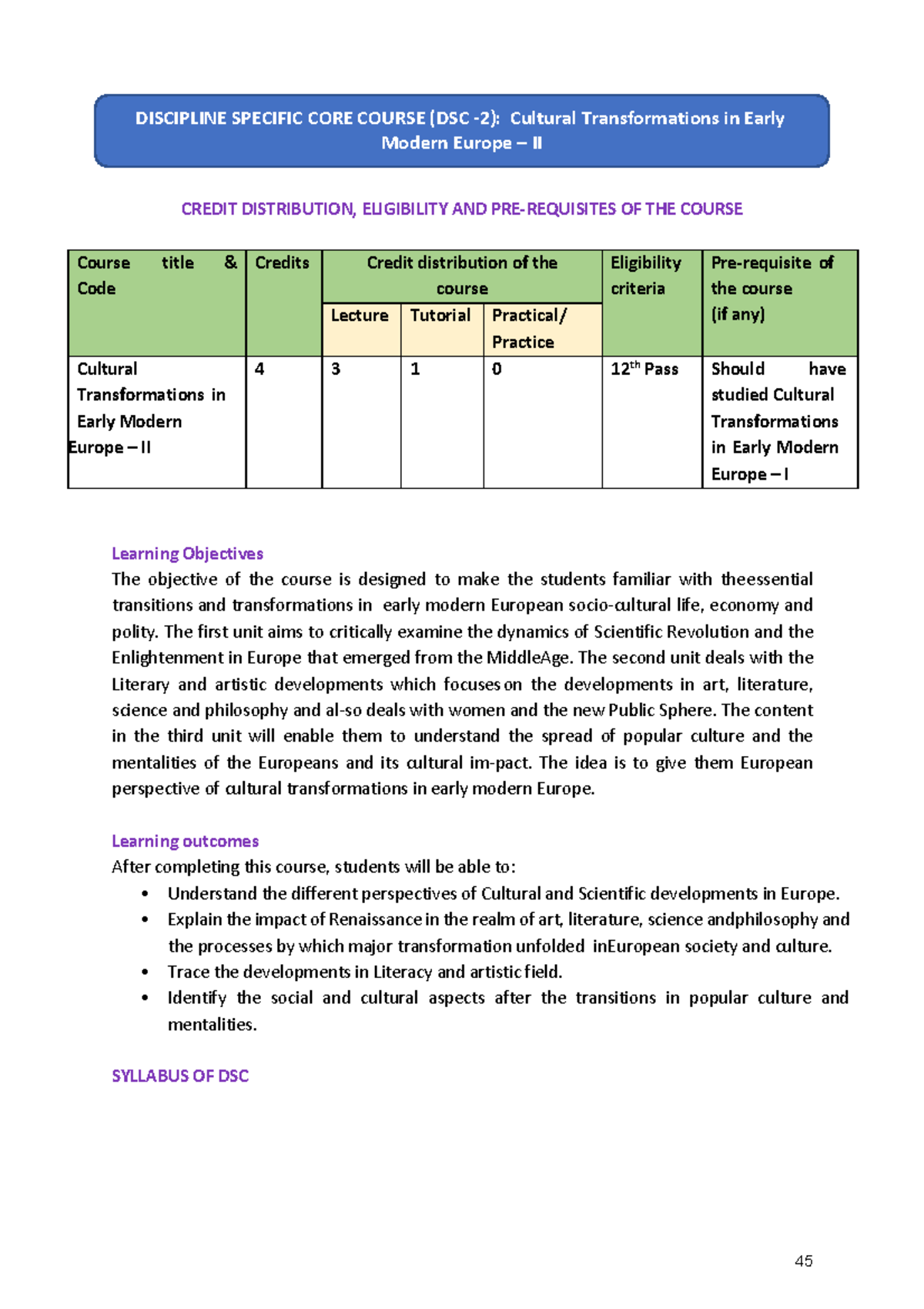 Cultural Transformations in Early Modern Europe II: Course Overview and ...