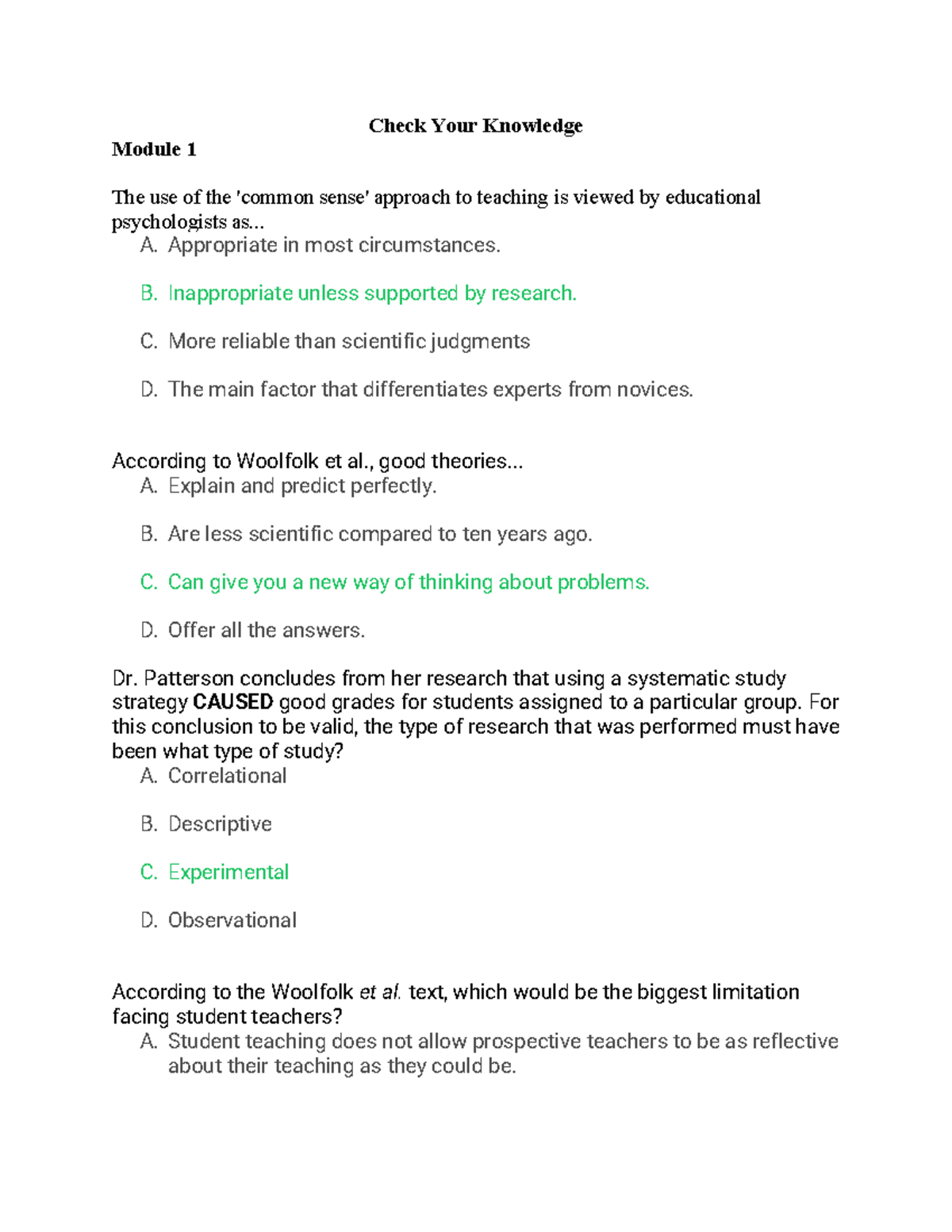 Check Your Knowledge Quiz 2: Teaching Approaches and Research Methods ...